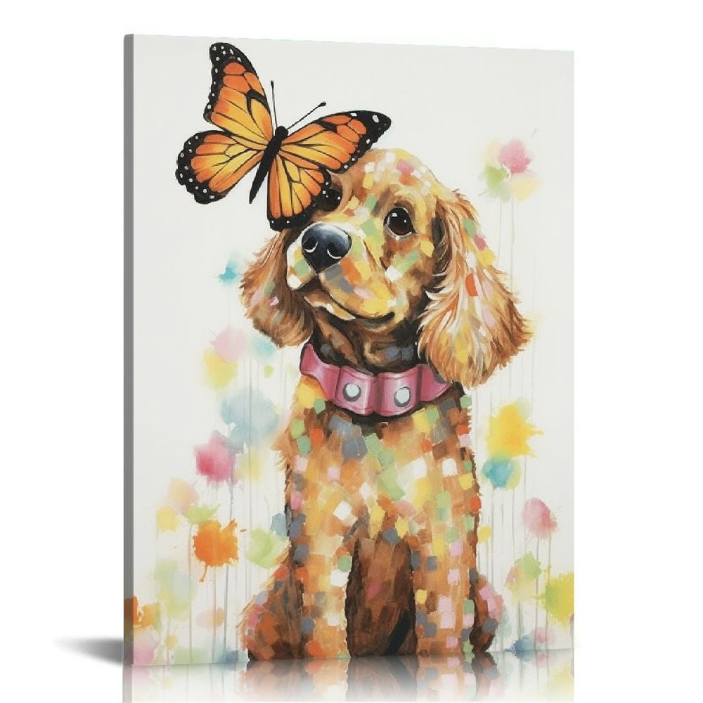 ONETECH Dog Wall Art Colorful Animal Canvas Pictures Pet Puppy Butterfly on Dog Paintings Modern ...
