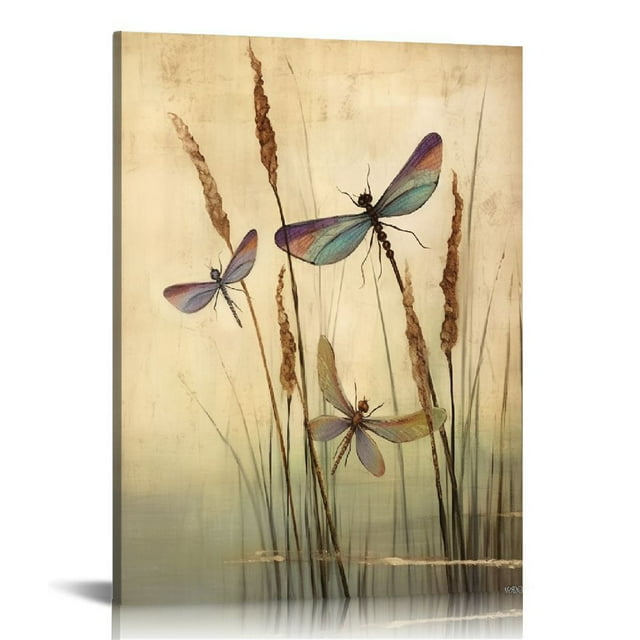 ONETECH Dragonfly Canvas Wall Art Decor Vintage Insect Dragonflies Dandelion Picture Print on ...