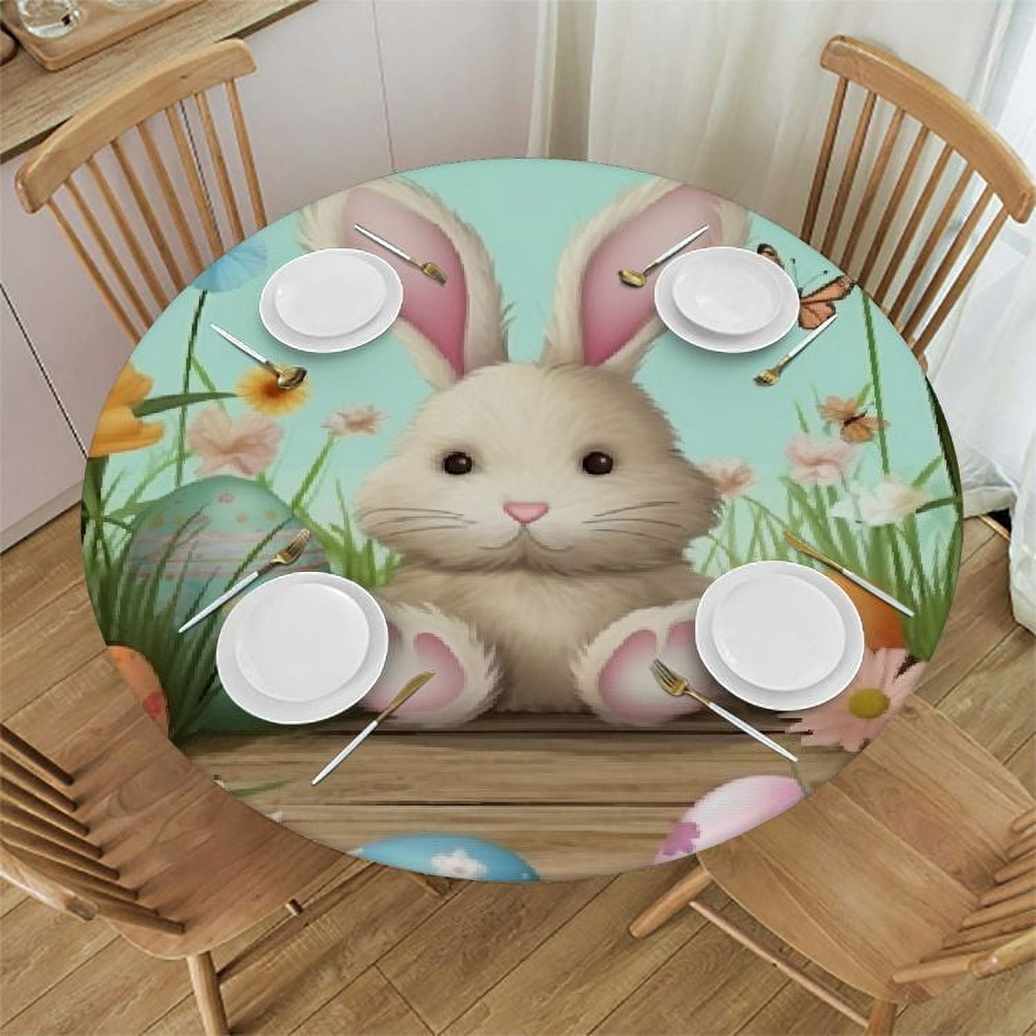 ONETECH Easter Bunny Tail Fitted Tablecloth for Round Table,Spring Egg ...