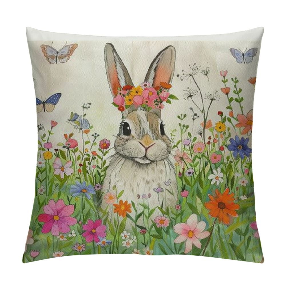 ONETECH Easter Pillow Covers Spring Cute Bunny Rabbit Carrot Watercolor Pink Floral Meadow ...