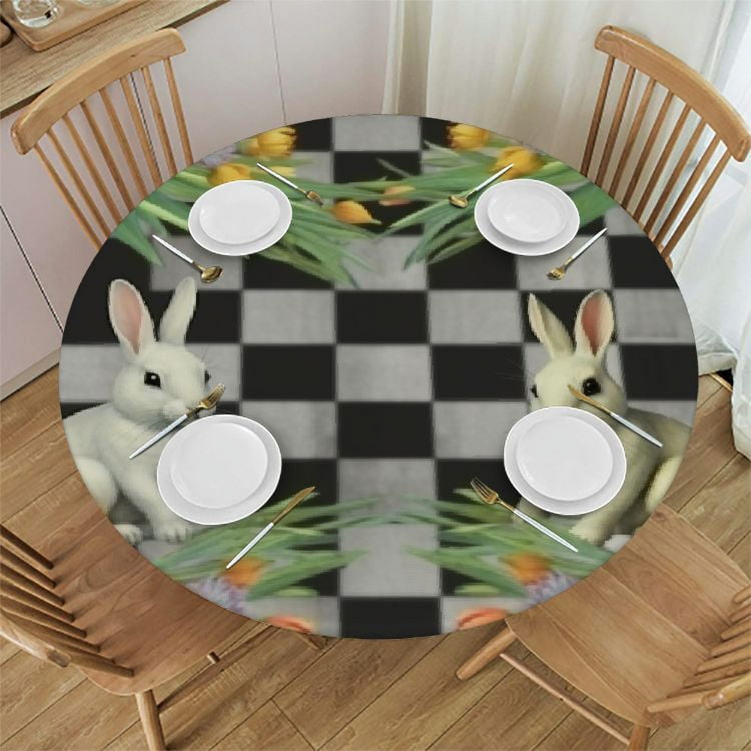 FUMJ Easter Round Tablecloth Easter Meadow Cute Bunny Floral Eggs Black ...