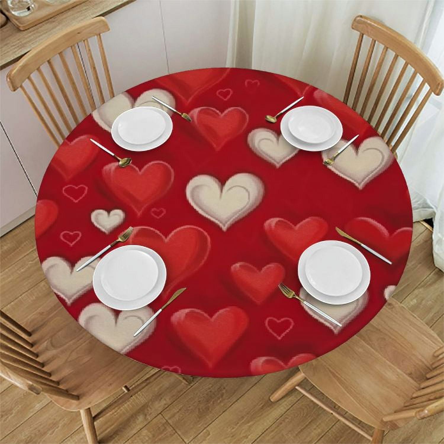 ONETECH Elastic Edge Round Tablecloth Valentine's Day Love Heart Fitted ...