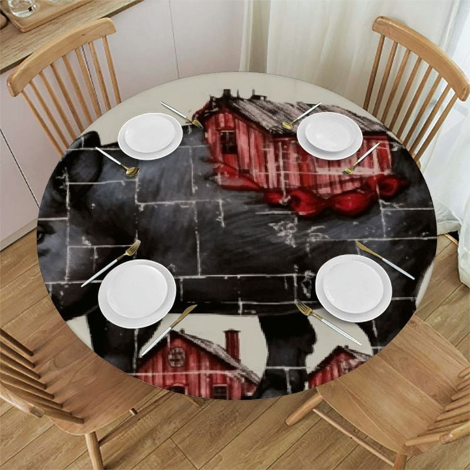ONETECH Elastic Fitted Round Table Covers Tablecloths, Farmhouse Cow ...