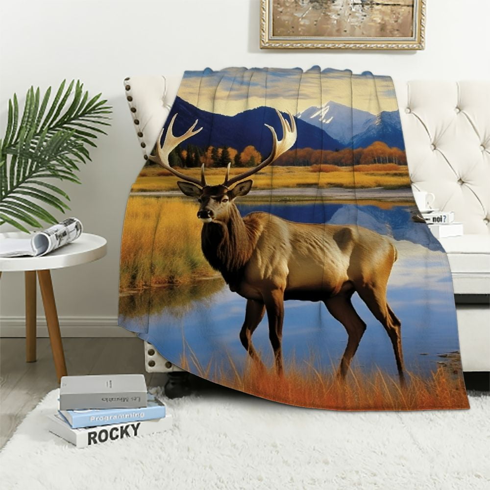 ONETECH Elk Blanket Forest Grass Deer Blanket Soft Fuzzy Plush Throw ...