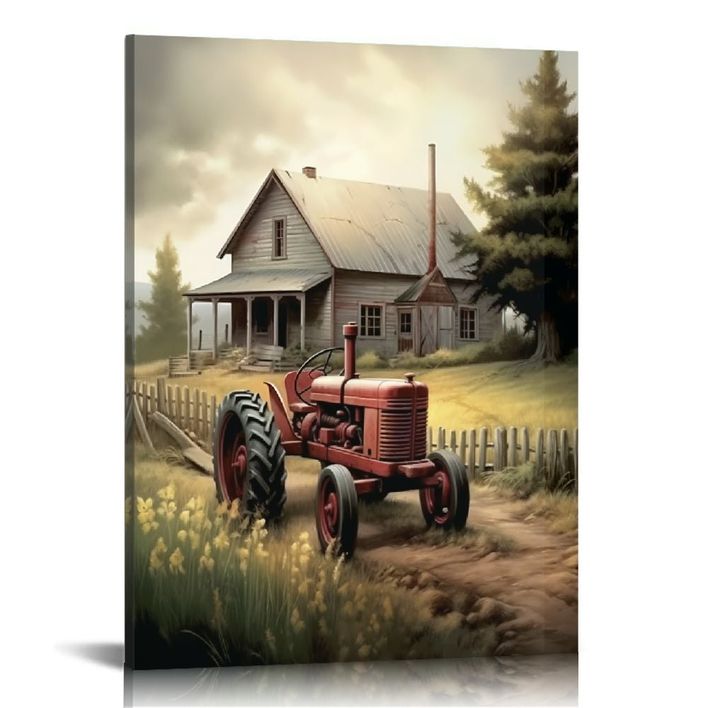 ONETECH Farmhouse Canvas Wall Art Old Tractor Pictures Rustic Barn ...