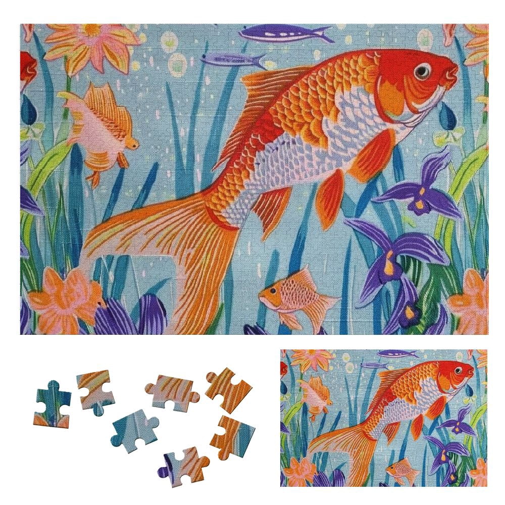 ONETECH Fish Flowers Blue Background Wooden Jigsaw Puzzle for Adults ...