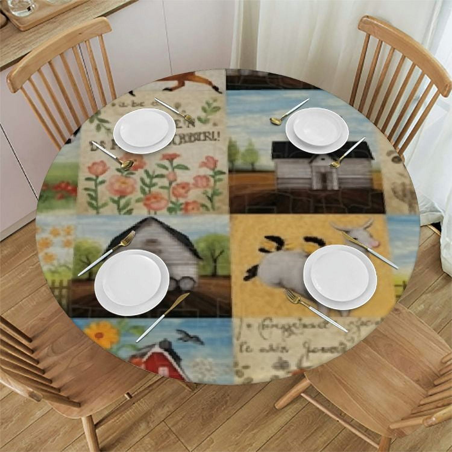 FUMJ Fitted Tablecloth for Round Table,Farm Animal Cow Pig Vintage ...