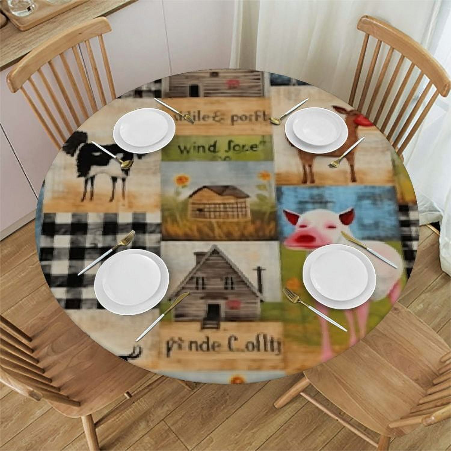 ONETECH Fitted Tablecloth for Round Table,Farm Animal Cow Pig Vintage ...