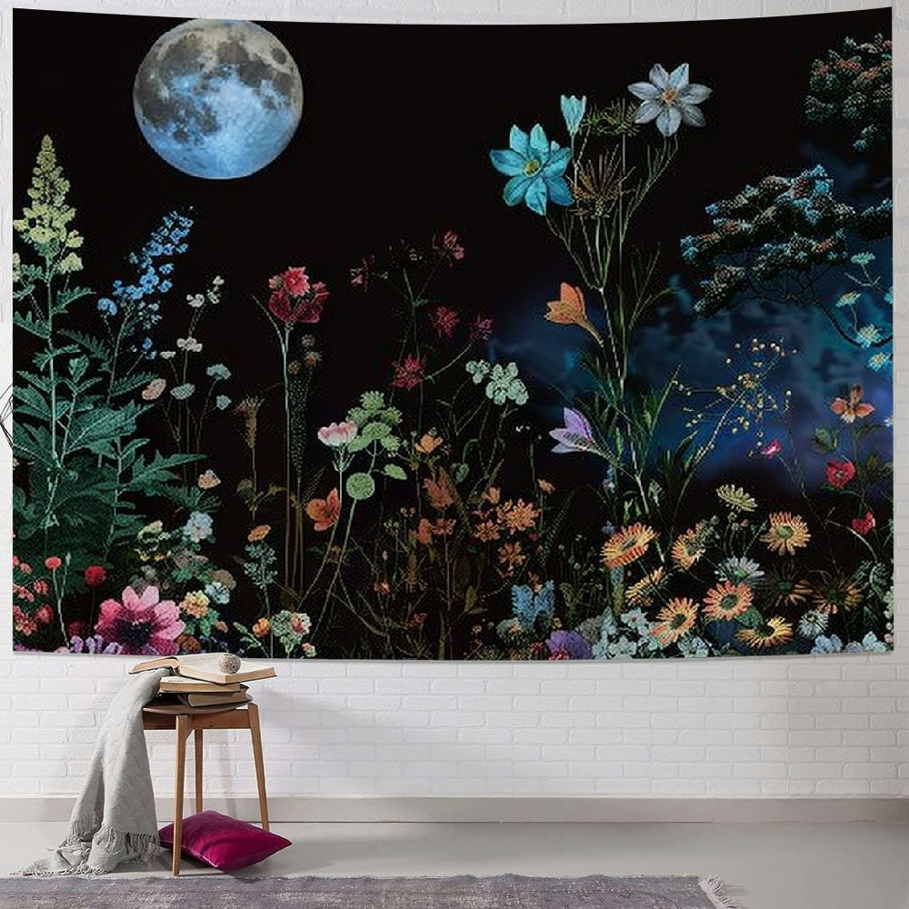 ONETECH Floral Plants Tapestry Galaxy Moon Stars Tapestry Vintage Boho ...