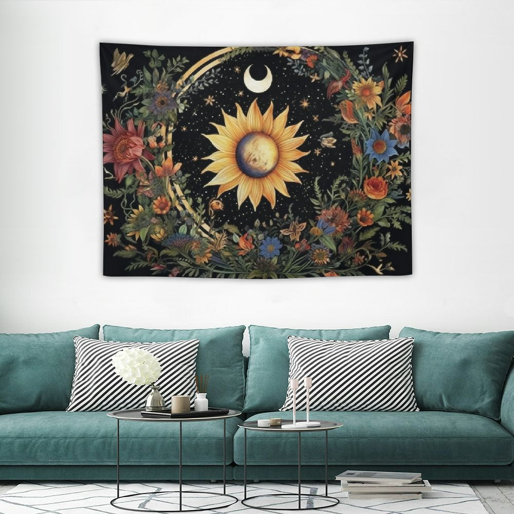 ONETECH Floral Plants Tapestry Sun and Moon Tapestry Retro Botanical ...