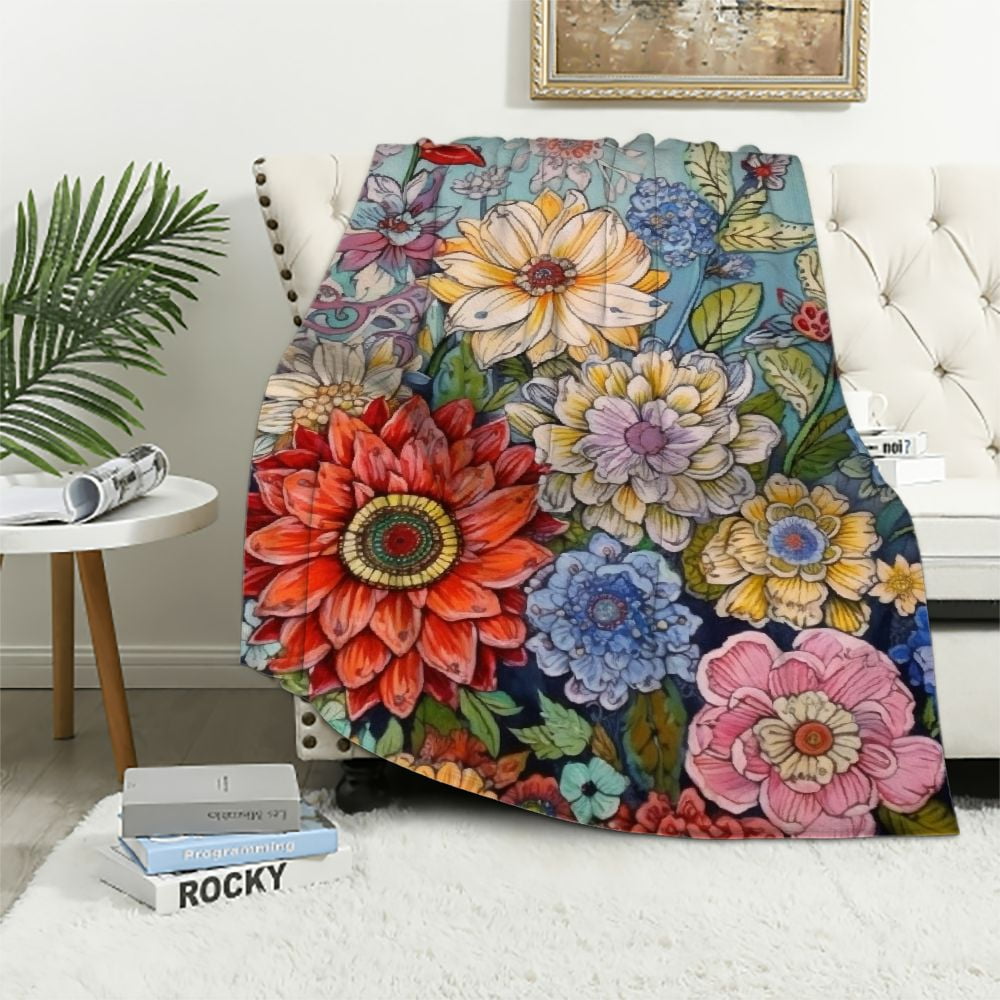 ONETECH Floral Throw Blanket, Vibrant Color Boho Flowers Blossom Cozy ...