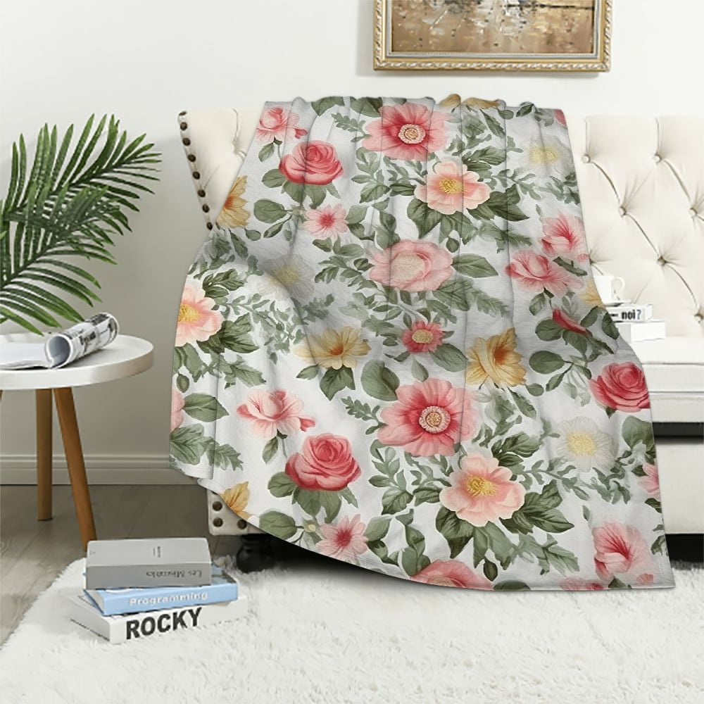 ONETECH Flower Throw Blanket, Roses Rosebuds Leaves Bouquet Flower ...