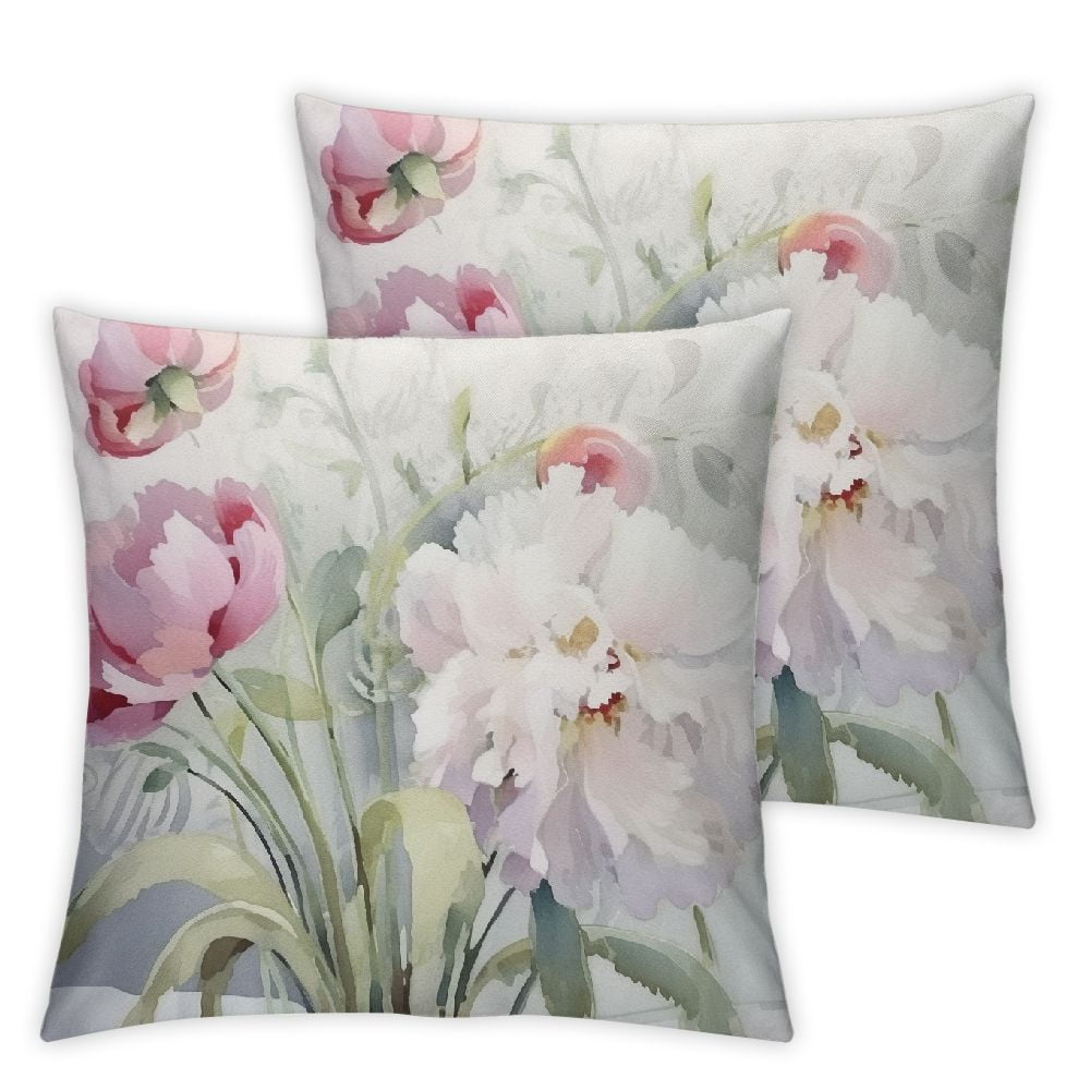 ONETECH Flower Throw Pillow Cushion Cover, Floral Pink Roses Tulips Abstract Garden Leaves with ...