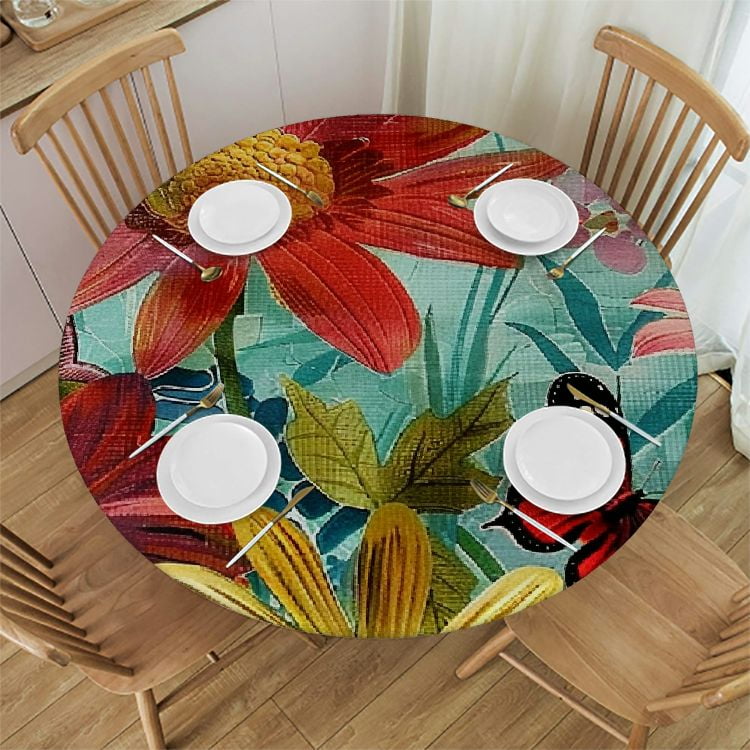 ONETECH Flowers Butterfly Round Tablecloth 100% Polyester Fiber for Picnic Dining Kitchen ...