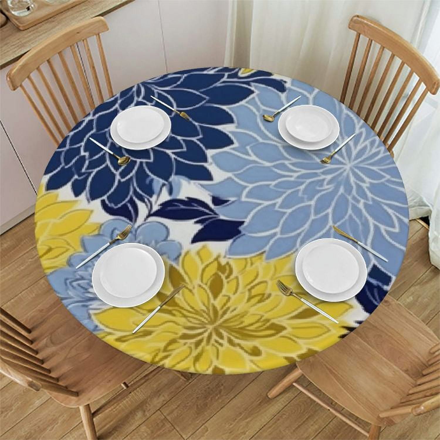 ONETECH Flowers Round Table cover Decor, Floral Blue Yellow Washable ...