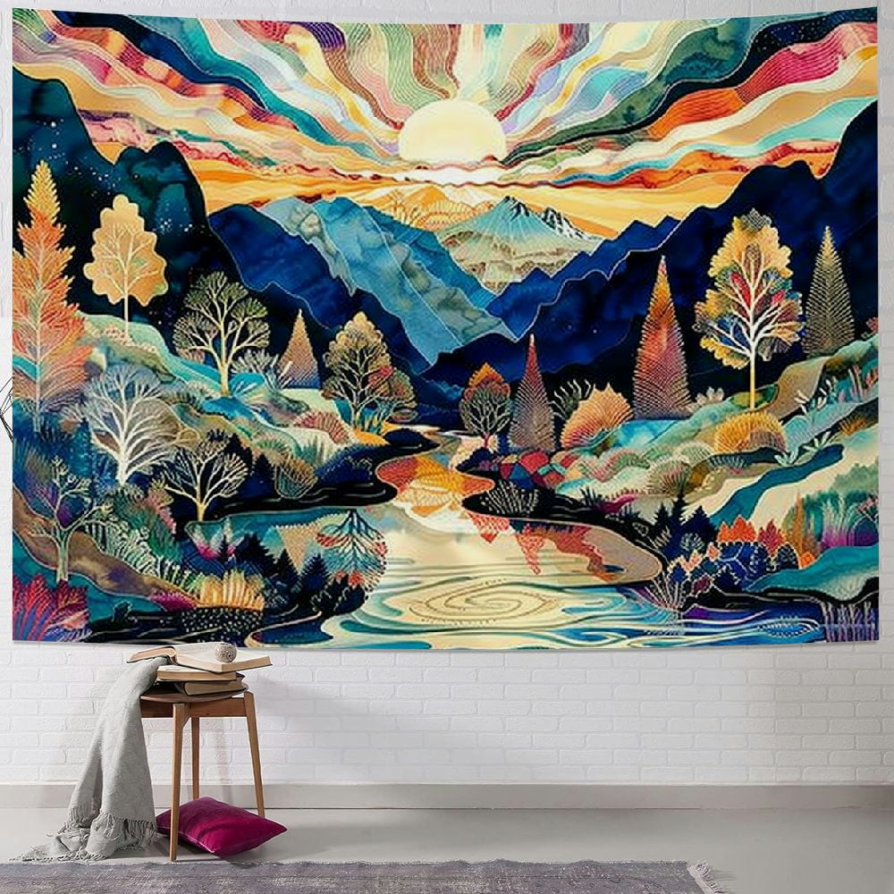ONETECH Forest Mountain Tapestry Sun Tapestry Retro Landscape Wall ...