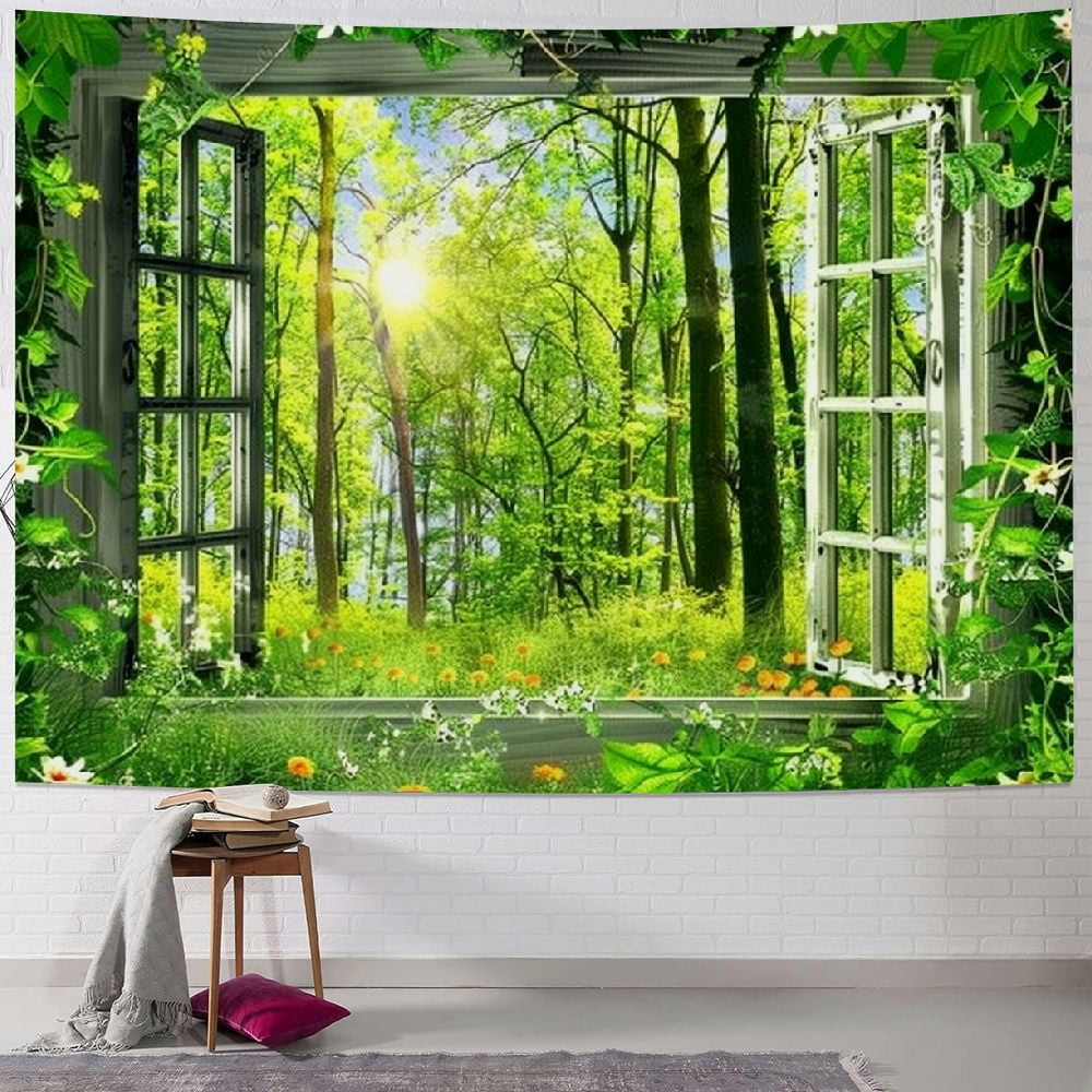 ONETECH Forest Nature Landscape Tapestry, Summer Lush Plant Tree Window ...
