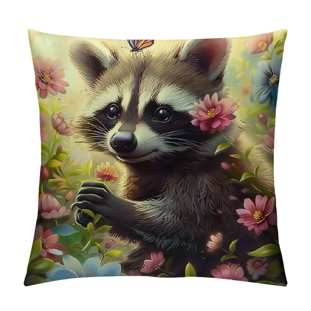 ONETECH Forest Square Cushion Picture of Fluffy Cute Raccoon and Rose ...