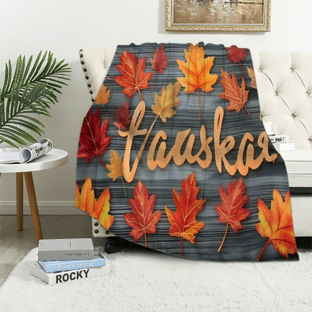 ONETECH Forest Throw Blanket, Foliage on Wooden Planks Autumn Dry Maple ...