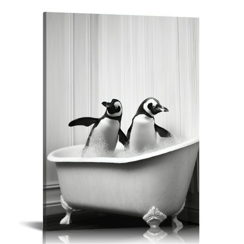 ONETECH Framed Art Funny Bathroom Penguin Canvas wall art, Cute Black ...