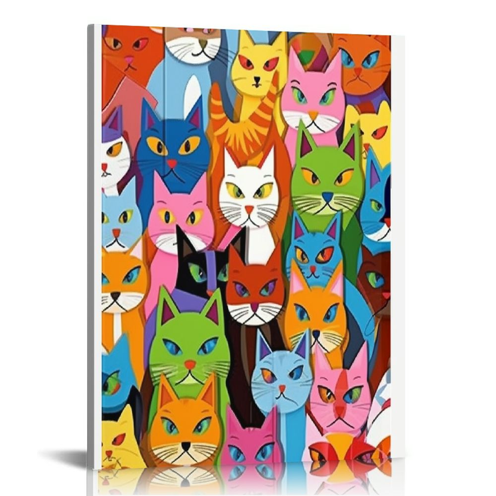 ONETECH Framed Funny Colorful Cat Wall Art Cartoon Cat Canvas Wall Art ...
