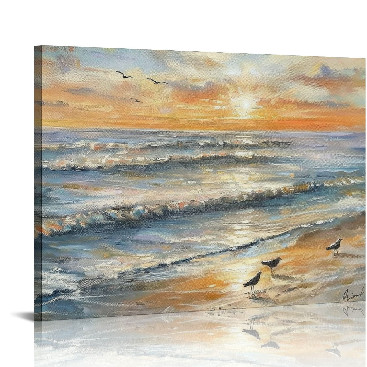 FUMJ Framed Sunset Ocean Wall Art: Modern Coastal Sea Birds Rustic Beach Sandpiper Artwork ...