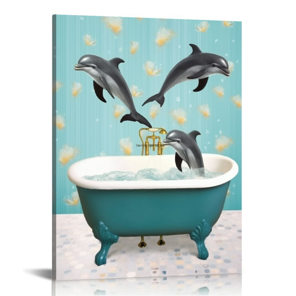 ONETECH Funny Bathroom Wall Art,Dolphins in Bathtub Wall Art,Adorable ...