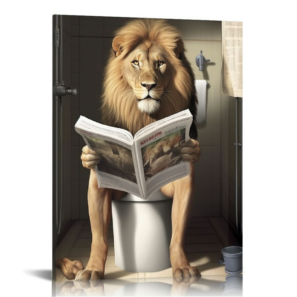 ONETECH Funny Lion Bathroom Canvas Wall Art Cute Lion In Toilet Posters ...