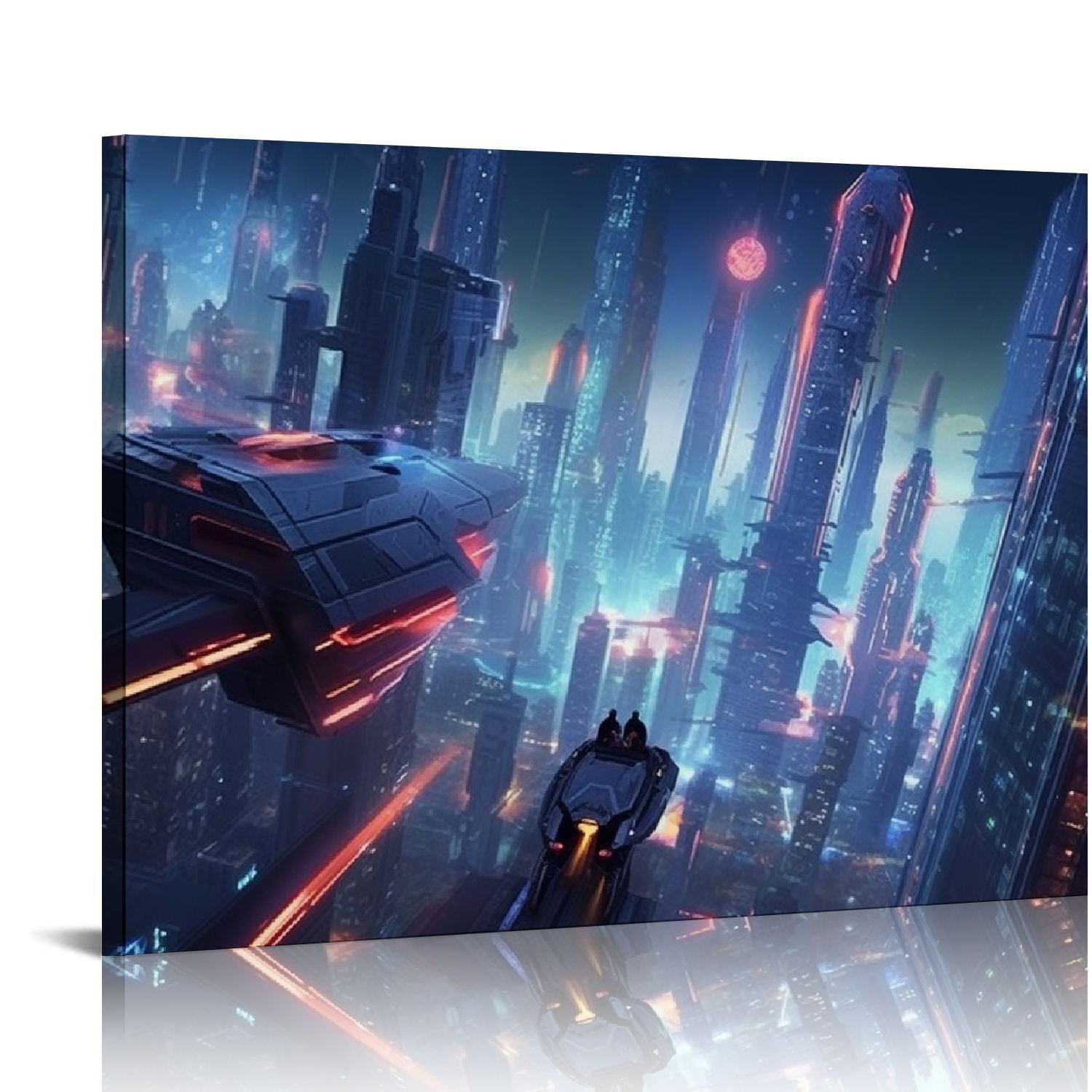 ONETECH Future City Scene Canvas Wall Art Print Blue Shuttle Flying ...