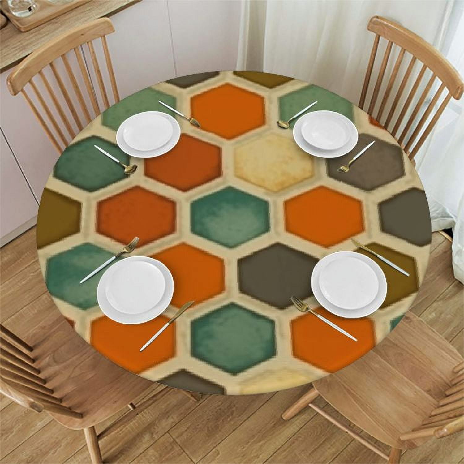FUMJ Geometric Round Tablecloth,Hexagonal Tile Circle Table Cover Stain ...