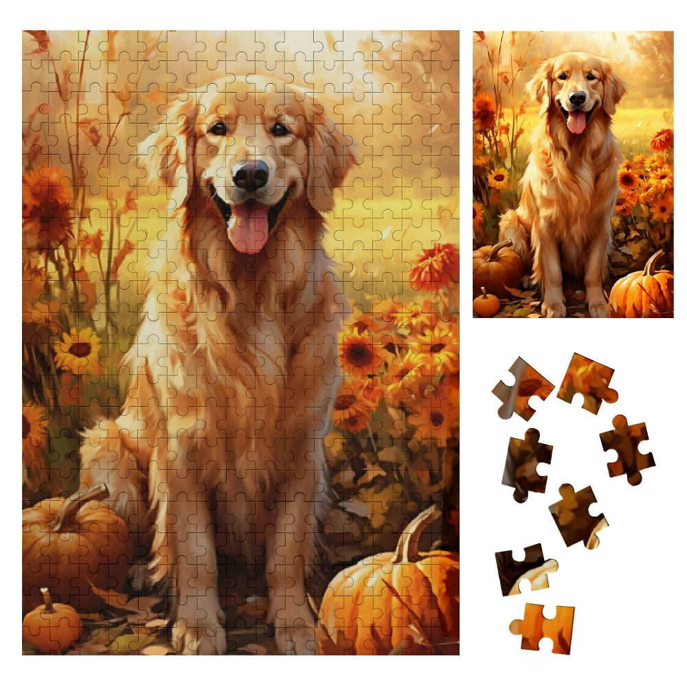 ONETECH Golden Retriever Dog Fall Maple Leaf Wooden Jigsaw Puzzle ...