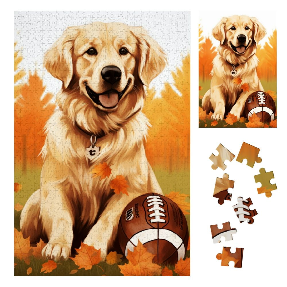 ONETECH Golden Retriever Dog Fall Maple Leaf Wooden Jigsaw Puzzle ...