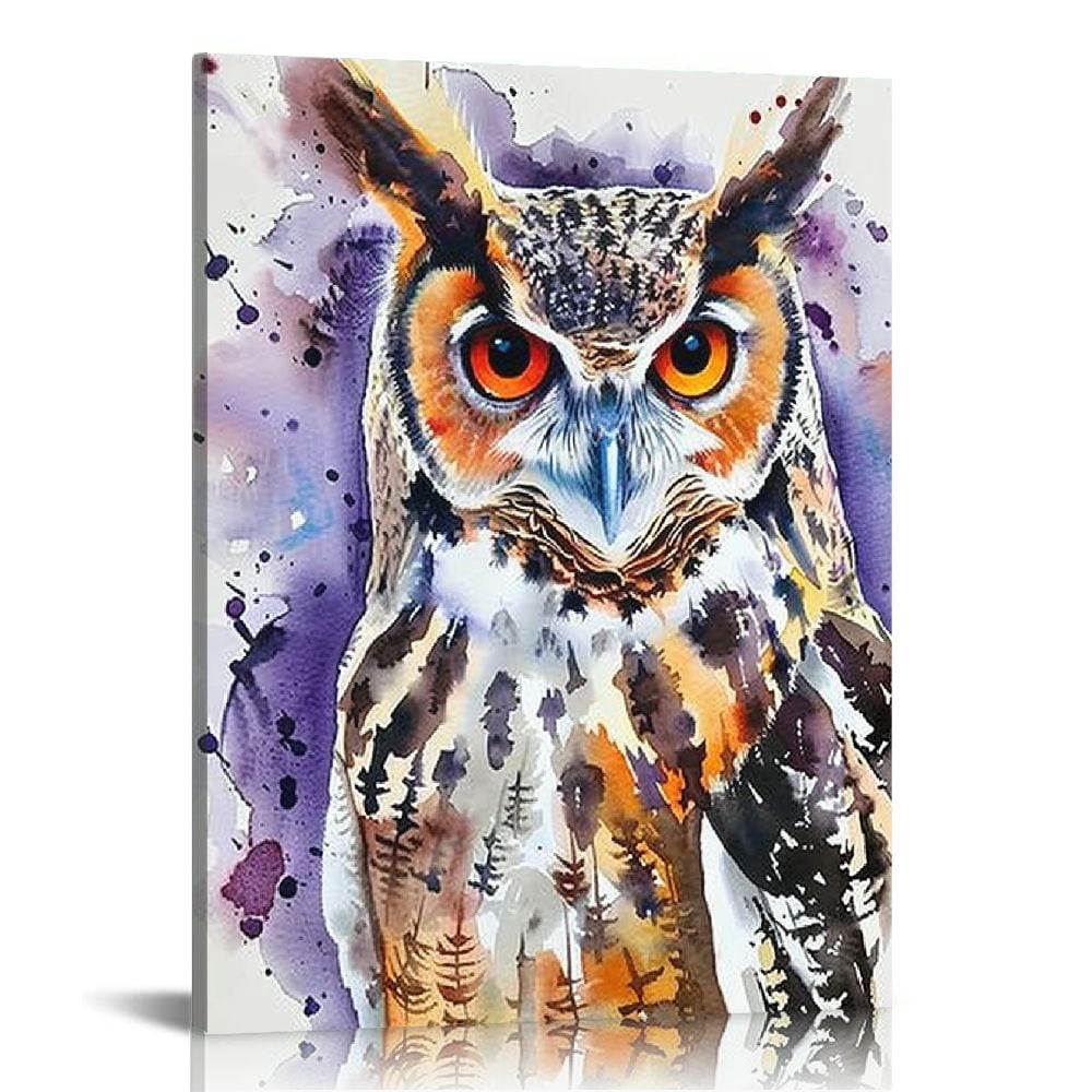 ONETECH Great Horned Owl Art Print Poster, Abstract Watercolor Animal ...
