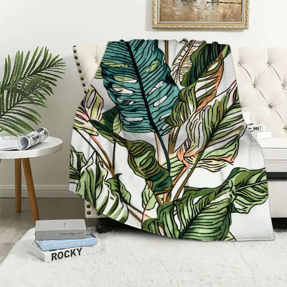 ONETECH Green Palm Banana Leaf Throw Blanket, Soft Cozy Warm Flannel ...