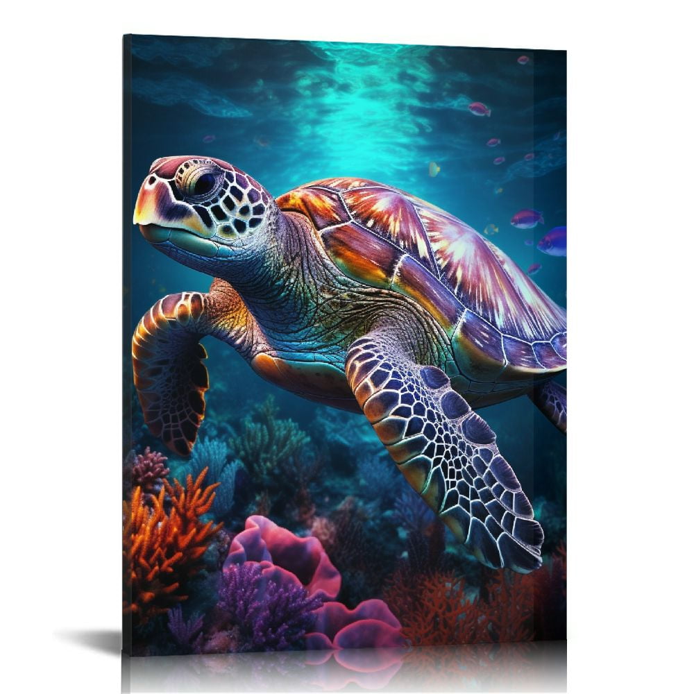 Onetech Green Turtle Hidden In Coral Canvas Prints Sea Wall Art