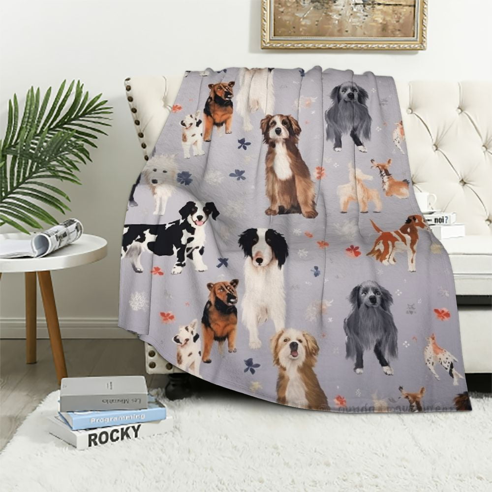 ONETECH Grey Cute Dogs Sherpa Throw Blanket for Couch Bed, Soft Cozy ...