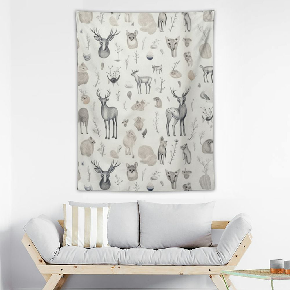 ONETECH Grey Tapestry, Modern Look Illustration of Weird Forest Animals ...