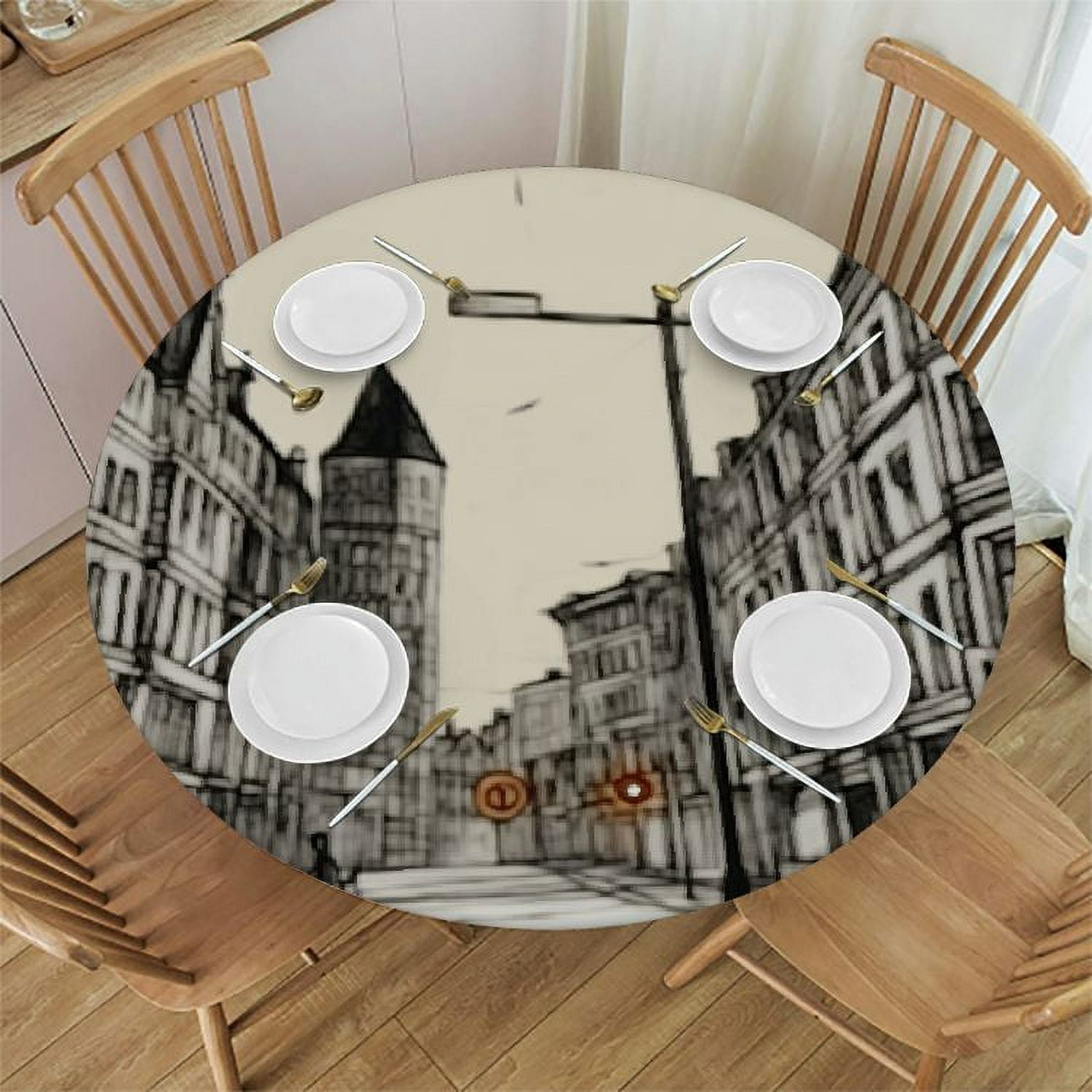 FUMJ Grey White Elastic Edged Polyester Fitted Table Cover Cityscape ...