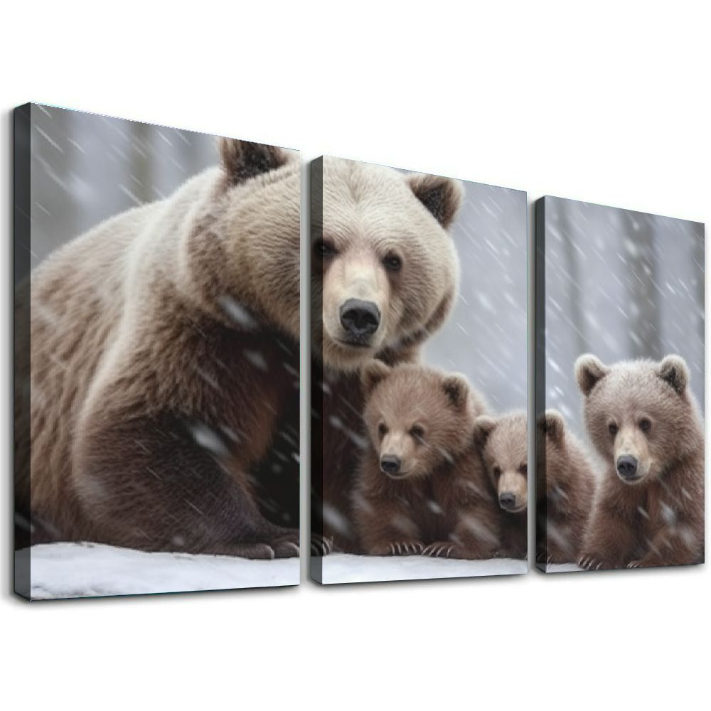 ONETECH Grizzly Bear Wall Art Decor: Grey Bear Mama and Cubs Framed ...