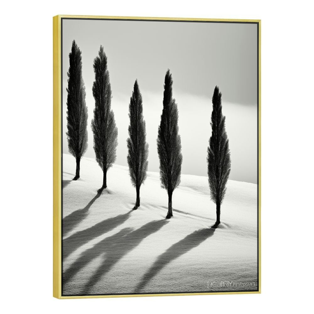 ONETECH Group of Cypress Trees on Snowy Hill Minimalist Black and White ...