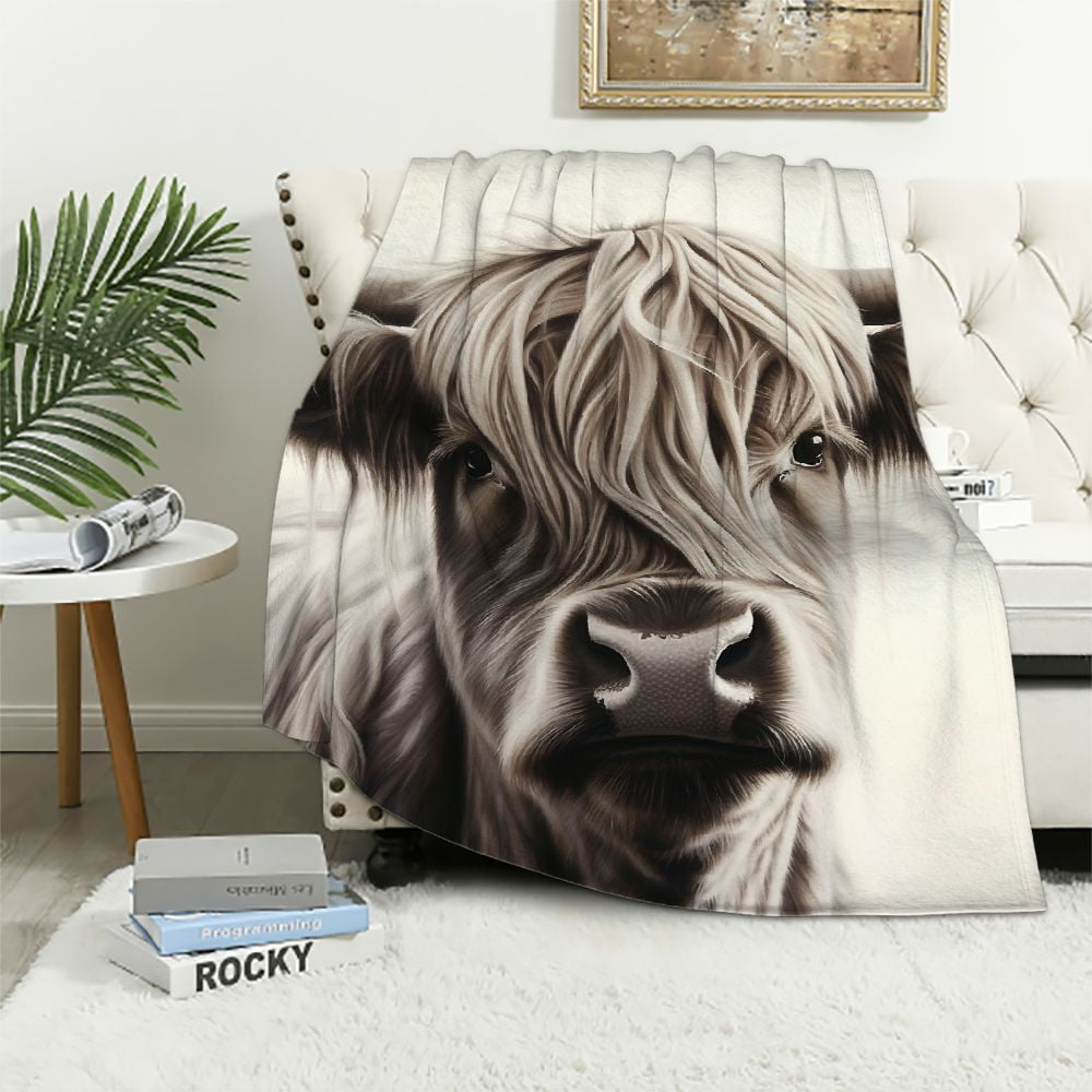 ONETECH Highland Cow Blanket,Portrait of Cow Pattern Flannel Throw ...