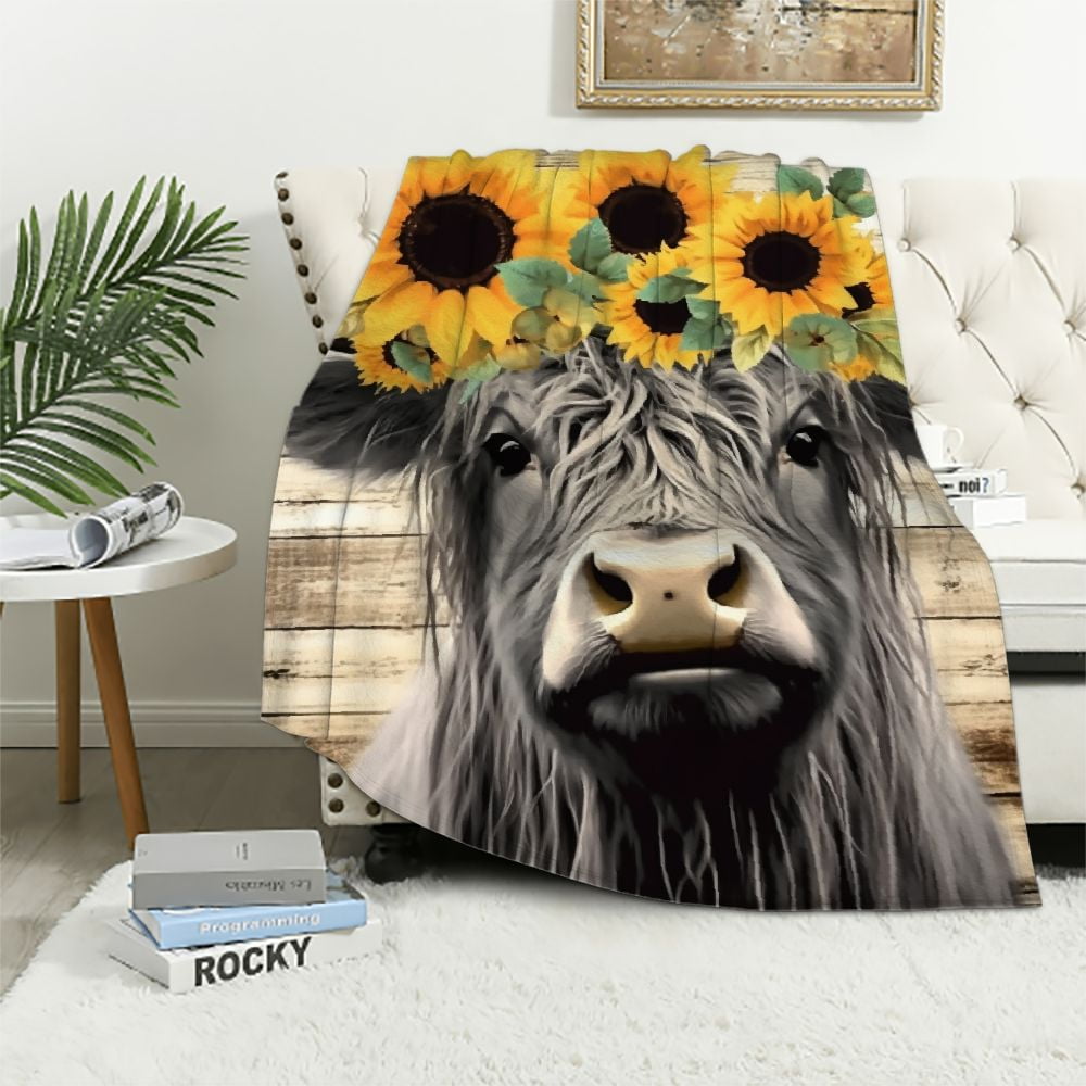 ONETECH Highland Cow Blanket Sunflower Cow Pattern Flannel Throw ...