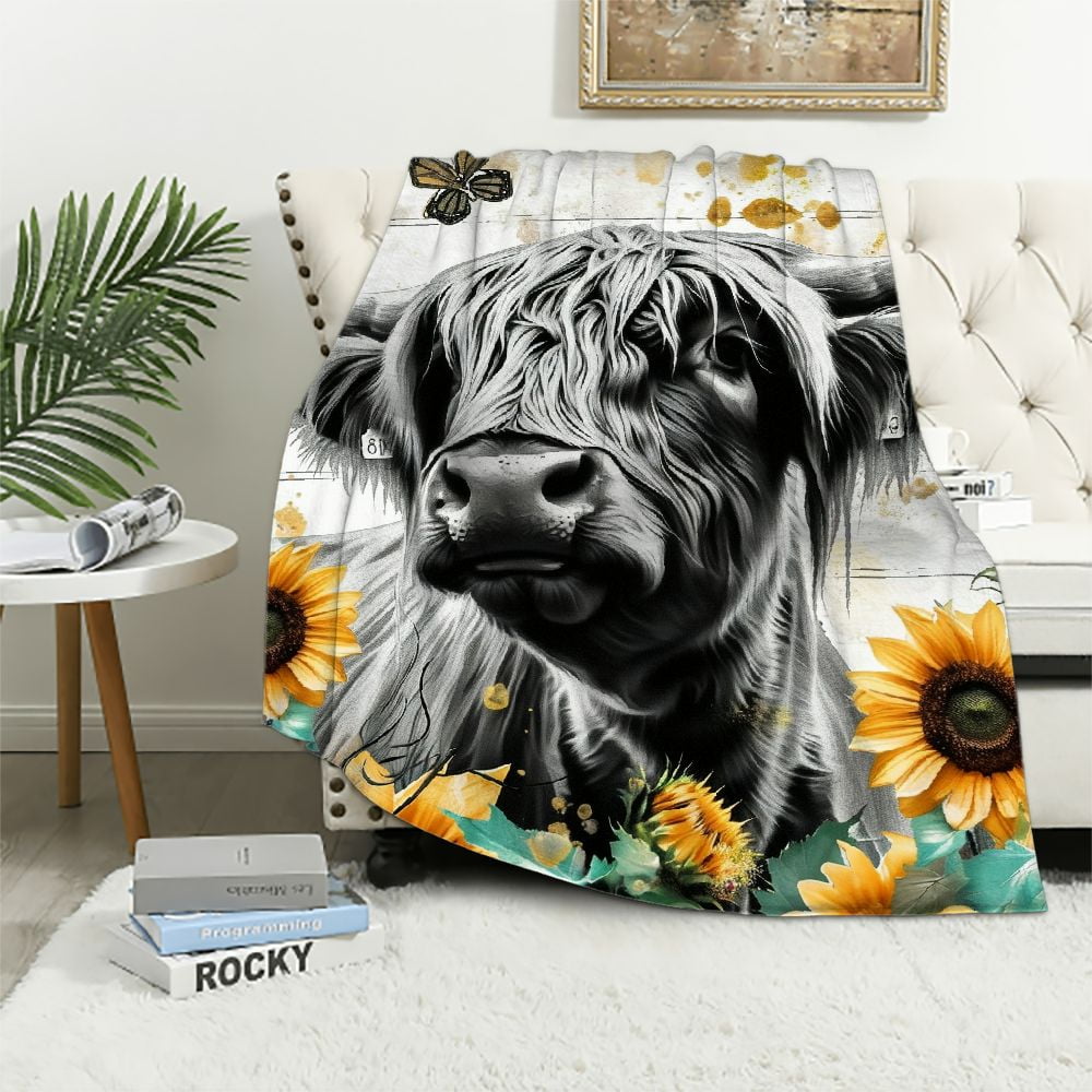 ONETECH Highland Cow Blanket Super Soft Flannel Sunflower Cow Throw ...