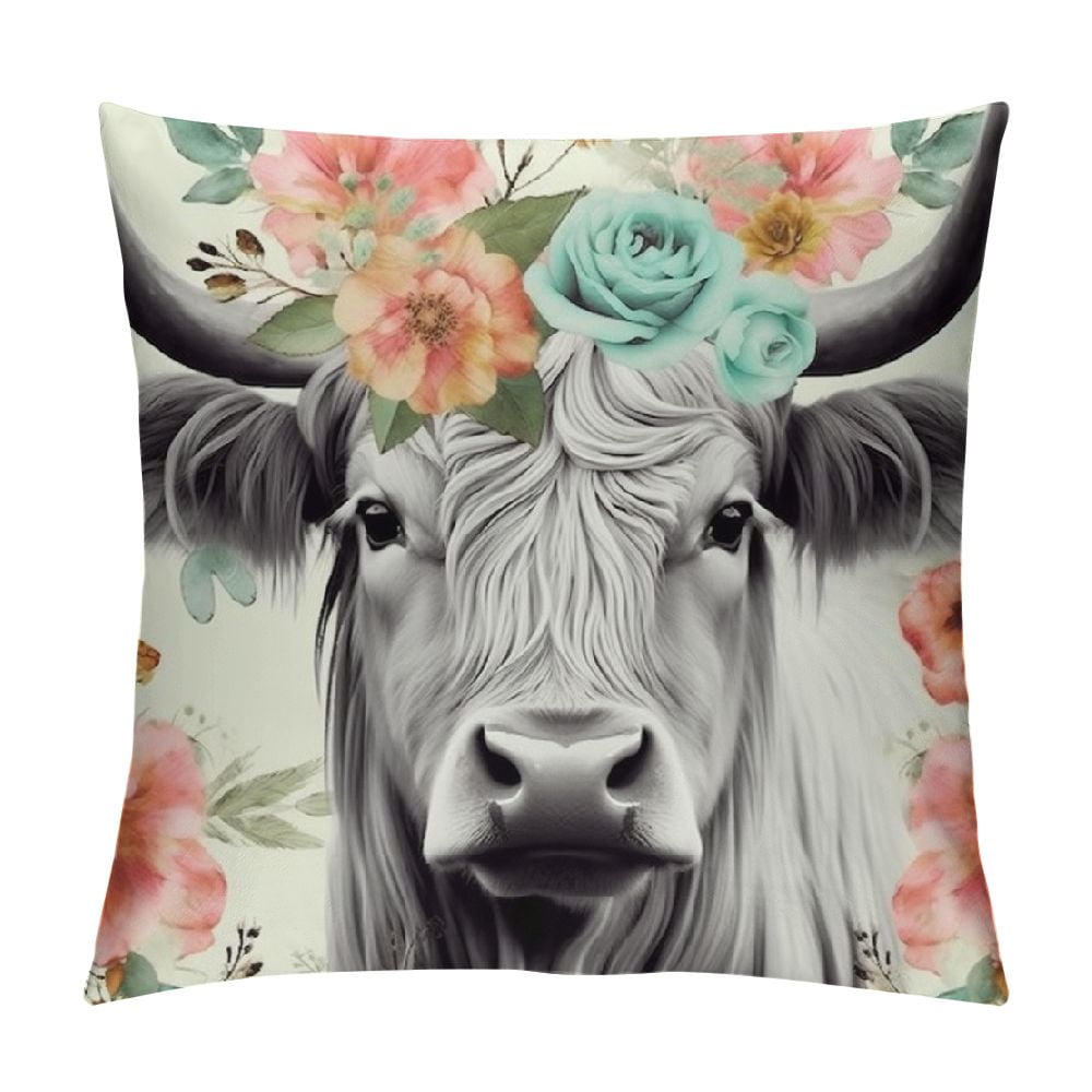 FUMJ Highland Cow Pillow Covers Highland Cattle Floral Decorative Throw ...