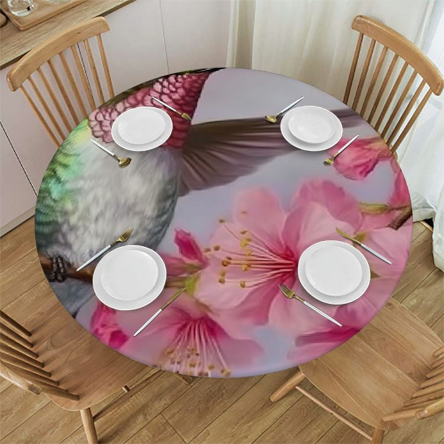 FUMJ Hummingbird Kitchen Fitted Tablecloth for Round Table,Pink Sakura ...
