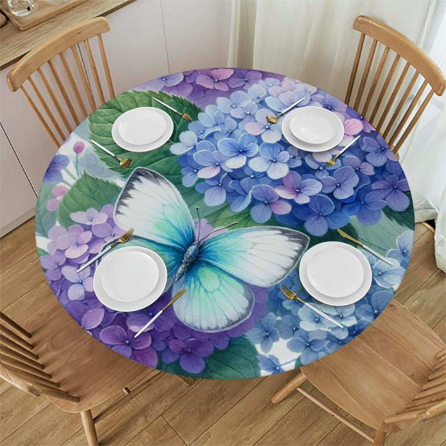 ONETECH Hydrangea Flowers Butterfly Round Tablecloth 100% Polyester ...