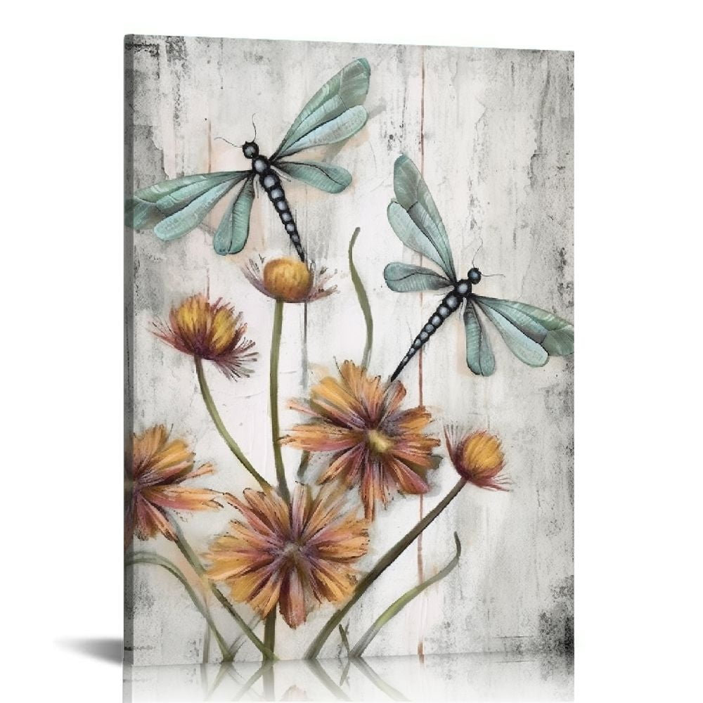 ONETECH Insect Canvas Wall Art Animal Dragonfly with Dandelion Reed ...