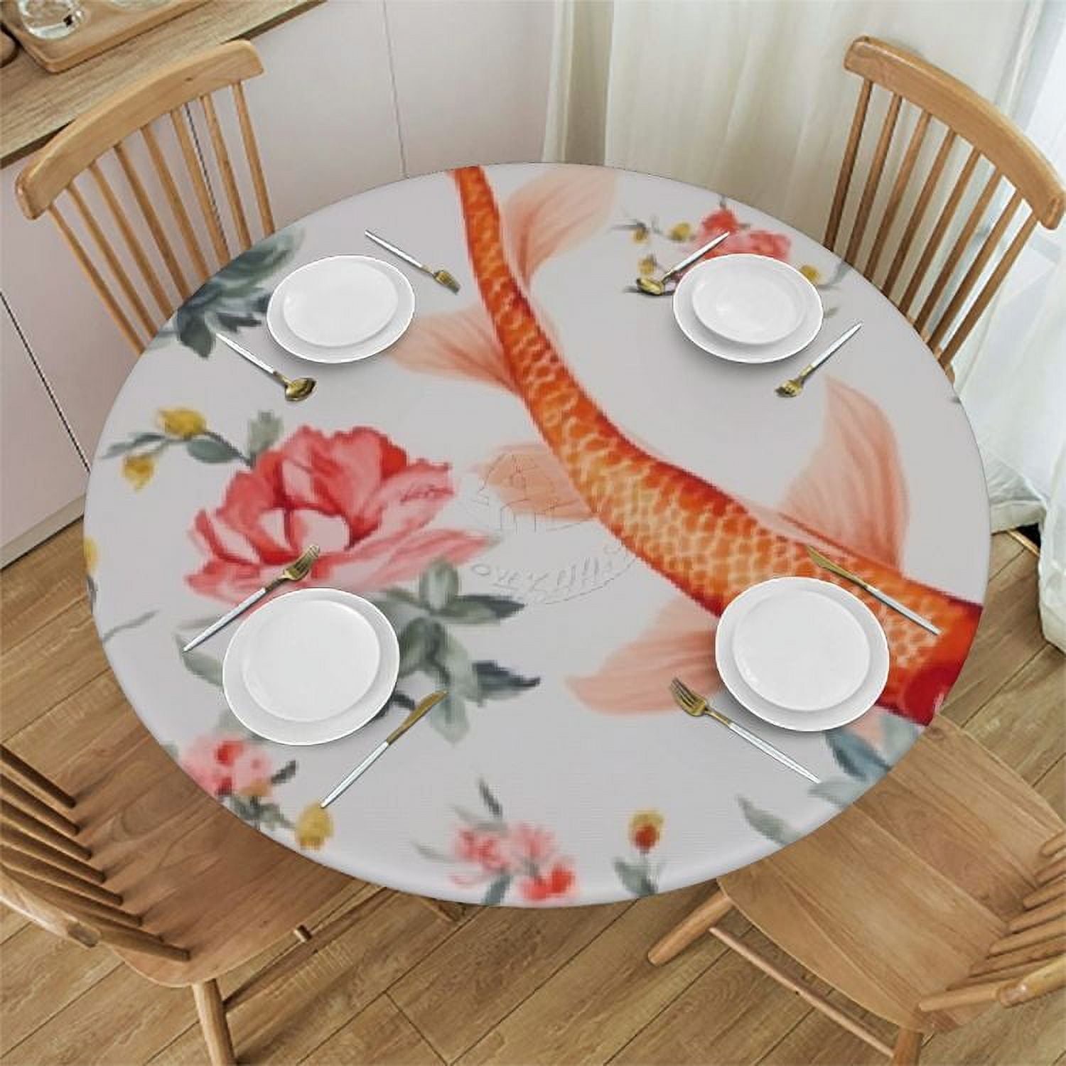 ONETECH Japanese Sakura Fish Fitted Round Tablecloth with Elastic Edge ...