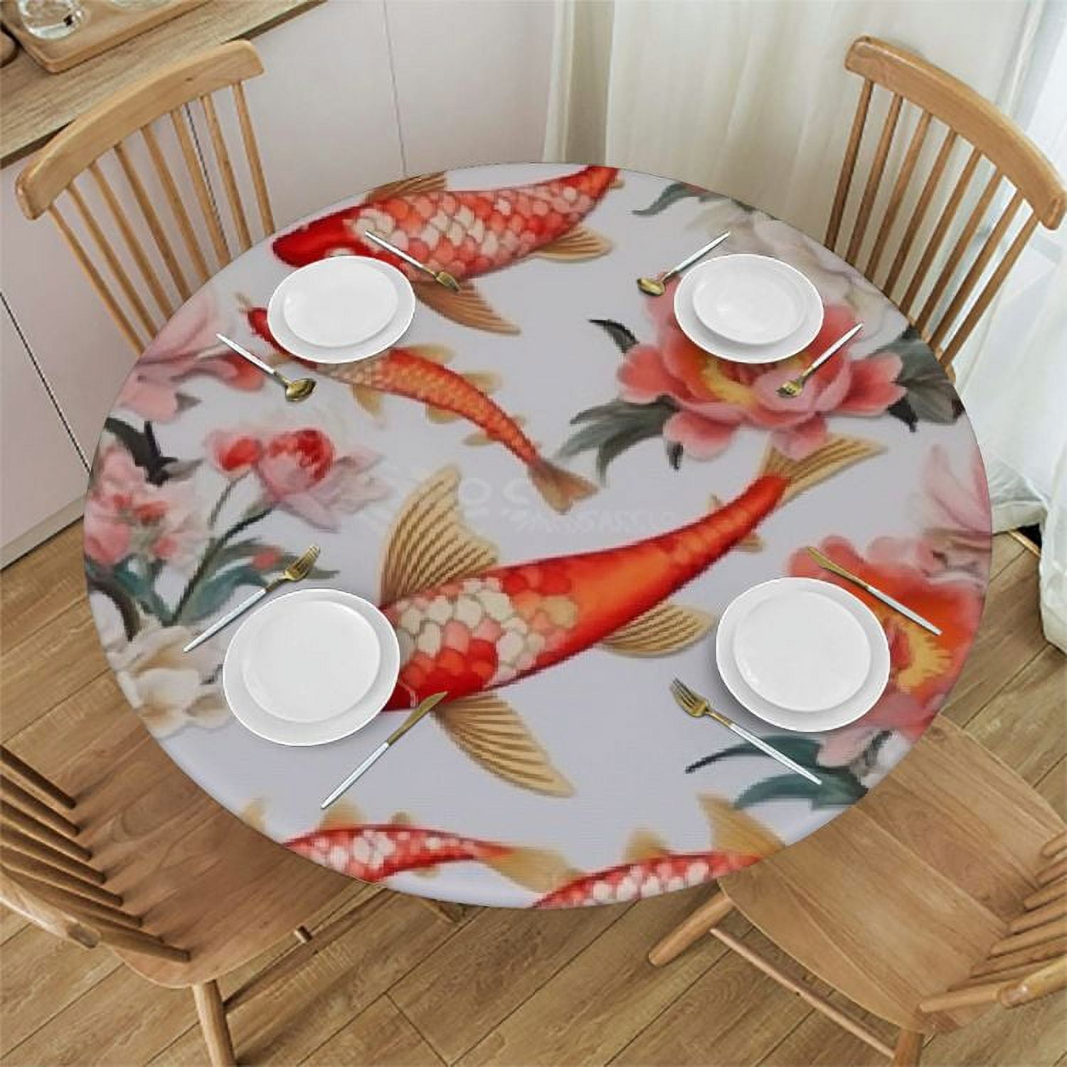 ONETECH Japanese Sakura Fish Fitted Round Tablecloth with Elastic Edge ...