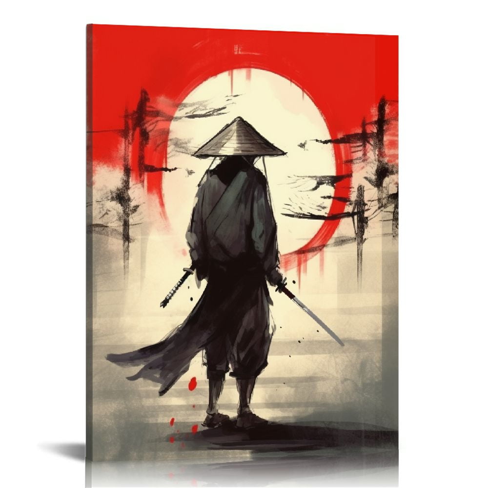 ONETECH Japanese Samurai Posters Wall Art Red Moon Canvas Painting ...
